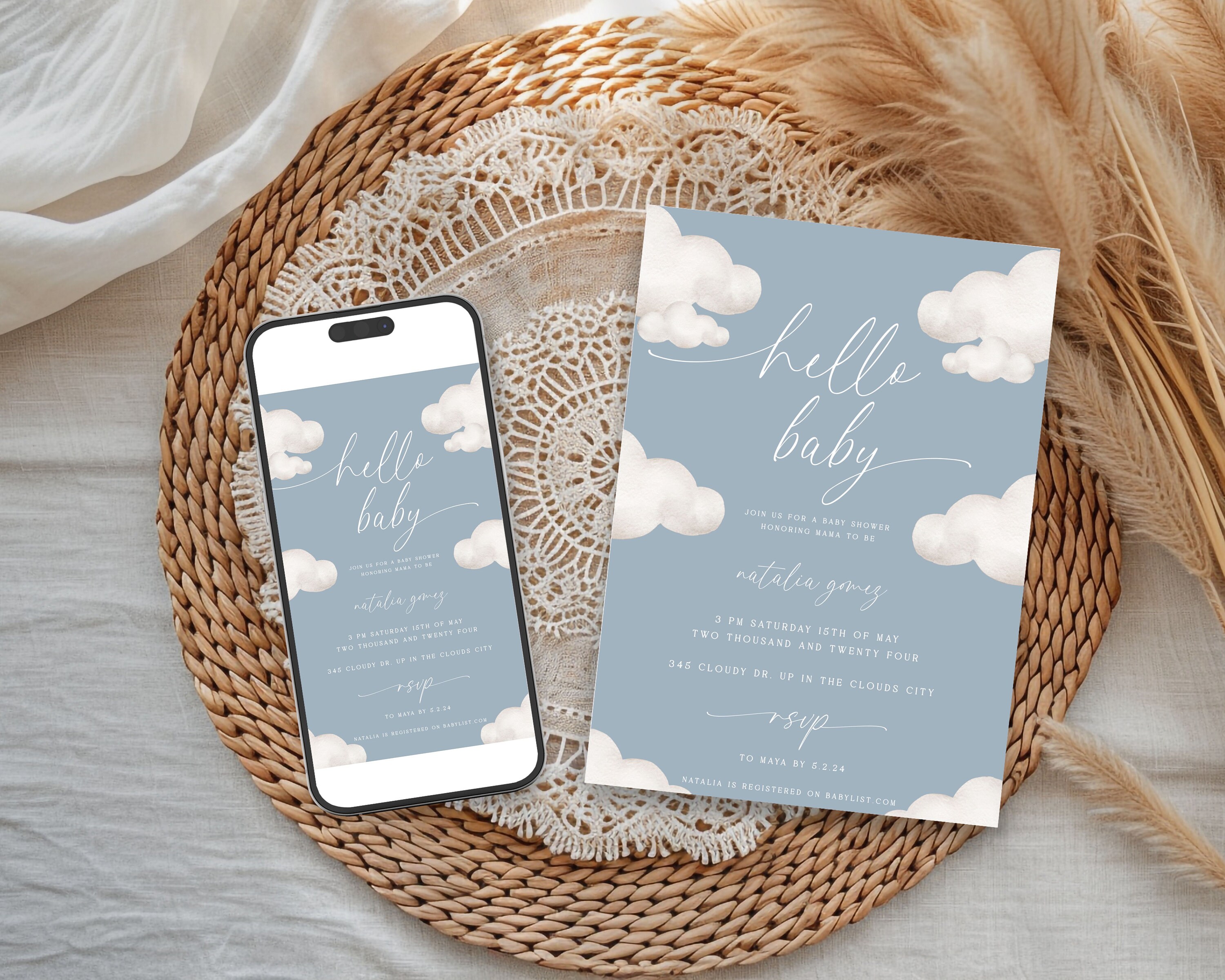 Editable Modern Hello Baby Blue Cloud Baby Shower Invitation Cloud Baby ...