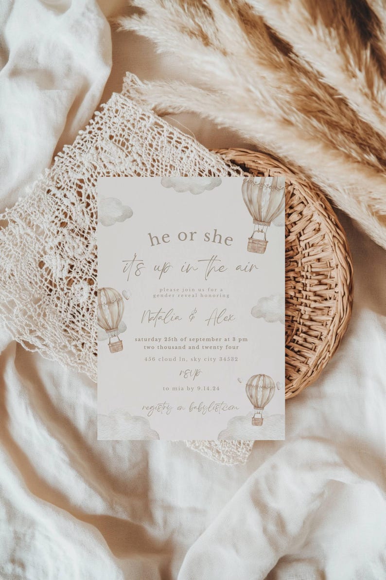 Up in the Air Gender Reveal Invitation: Hot Air Balloon, Cloud Theme ...