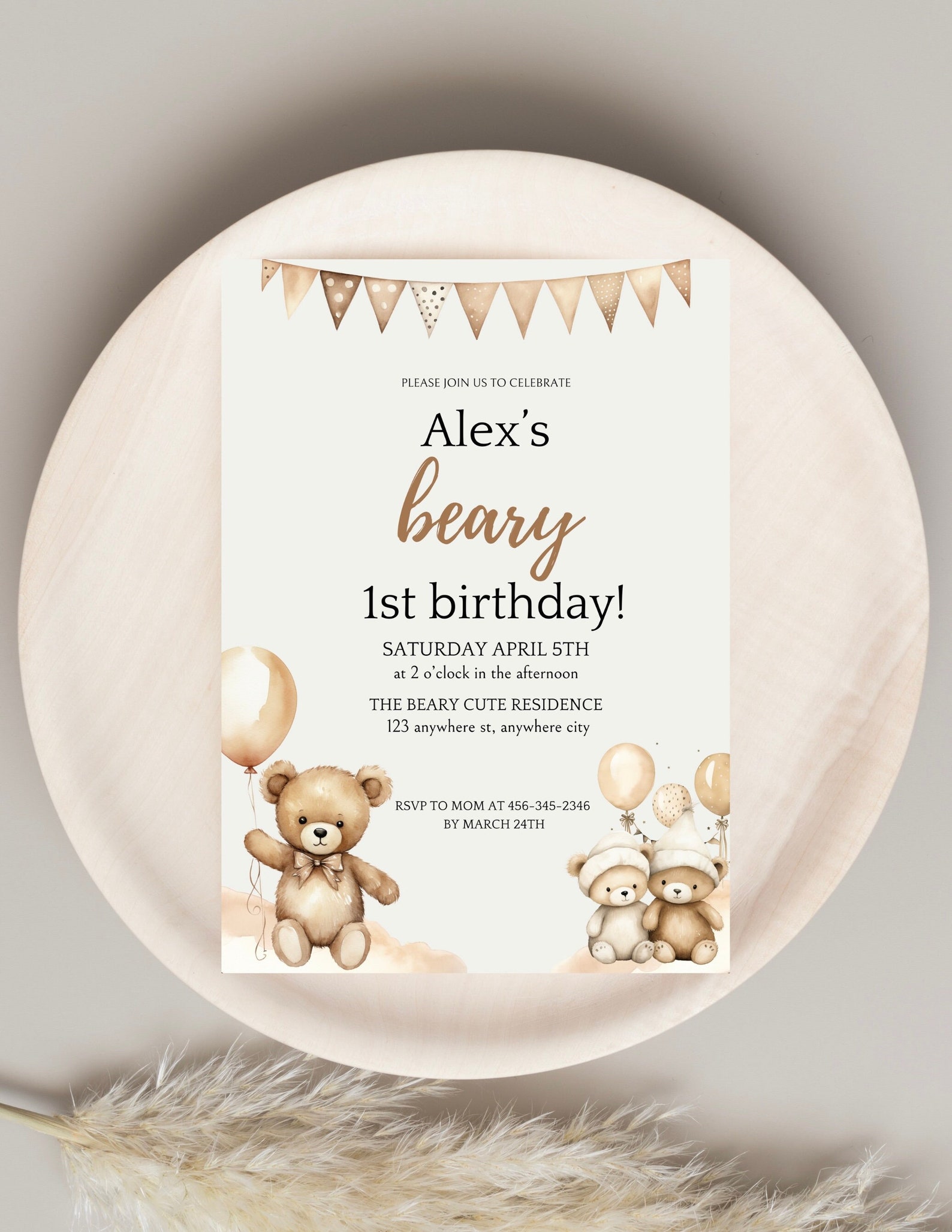 Editable Beary First Birthday Invitation Printable and Digital 5x7 in ...