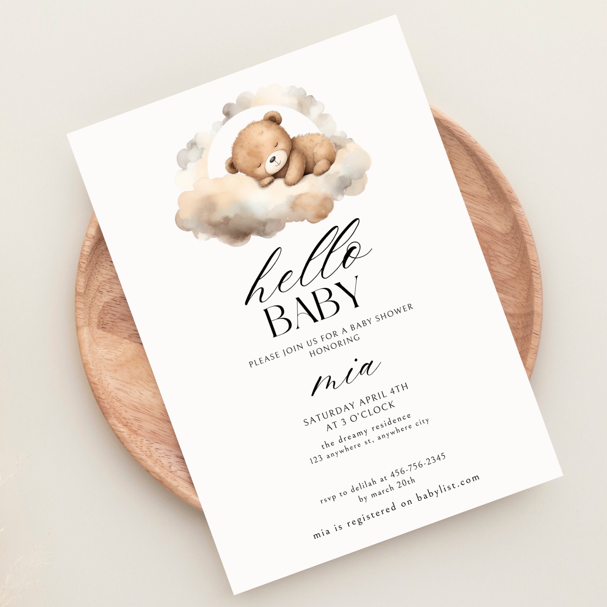 Editable Hello Baby Baby Shower Invitation Teddy Bear Theme Baby Shower ...