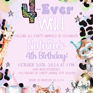 Four Ever Wild Birthday Invitation: Rainbow Safari Animals (digital ...