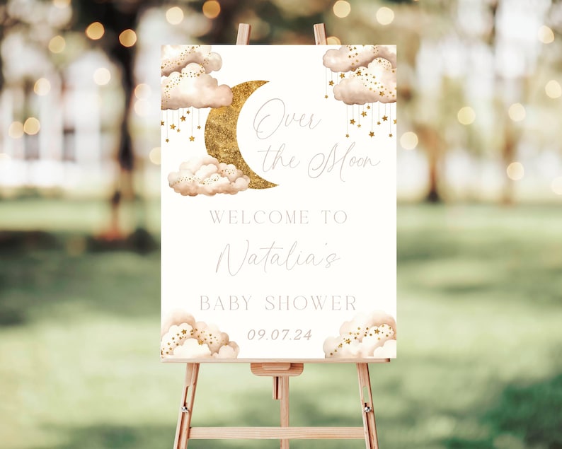 Over the Moon Baby Shower Welcome Sign: Pink & Gold (18 X 24in Template ...