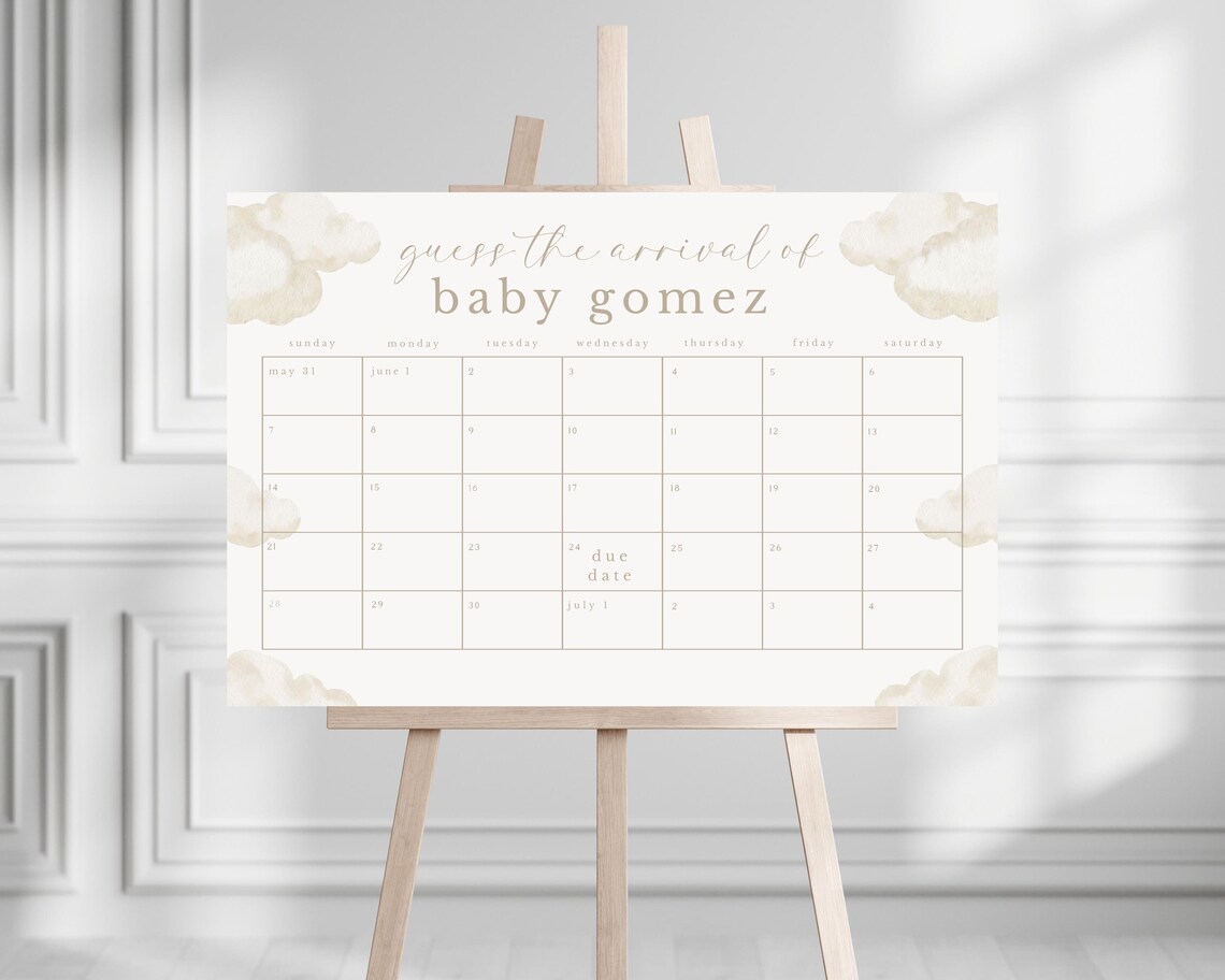 Cloud Baby Shower Due Date Calendar Sign: Neutral Beige (editable ...