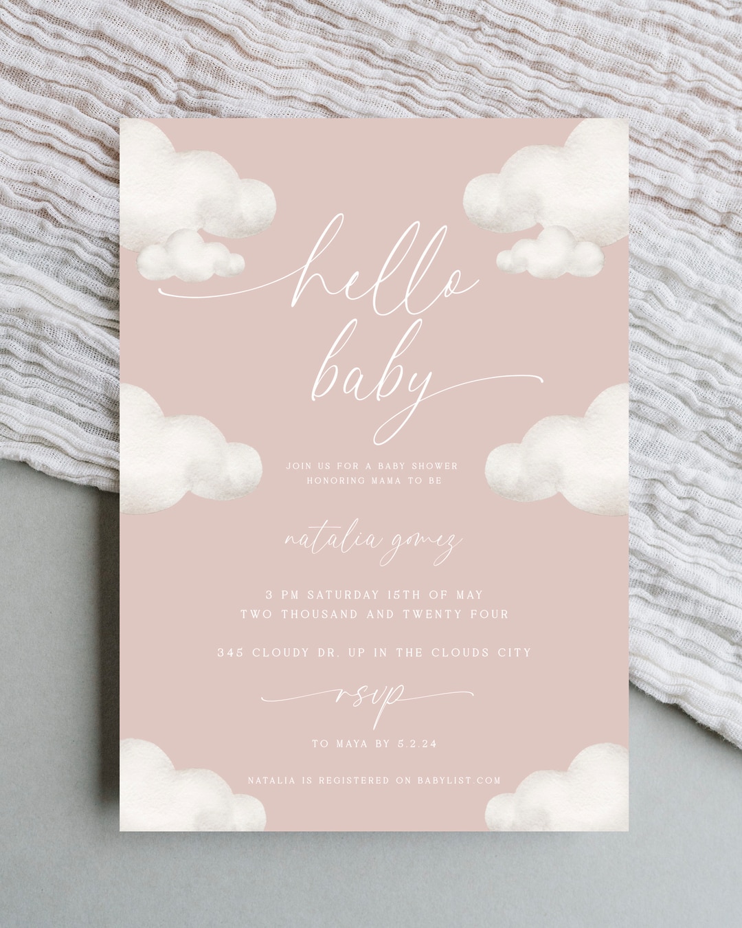 Editable Modern Hello Baby Shower Invitation Pink Cloud Baby Girl Baby ...