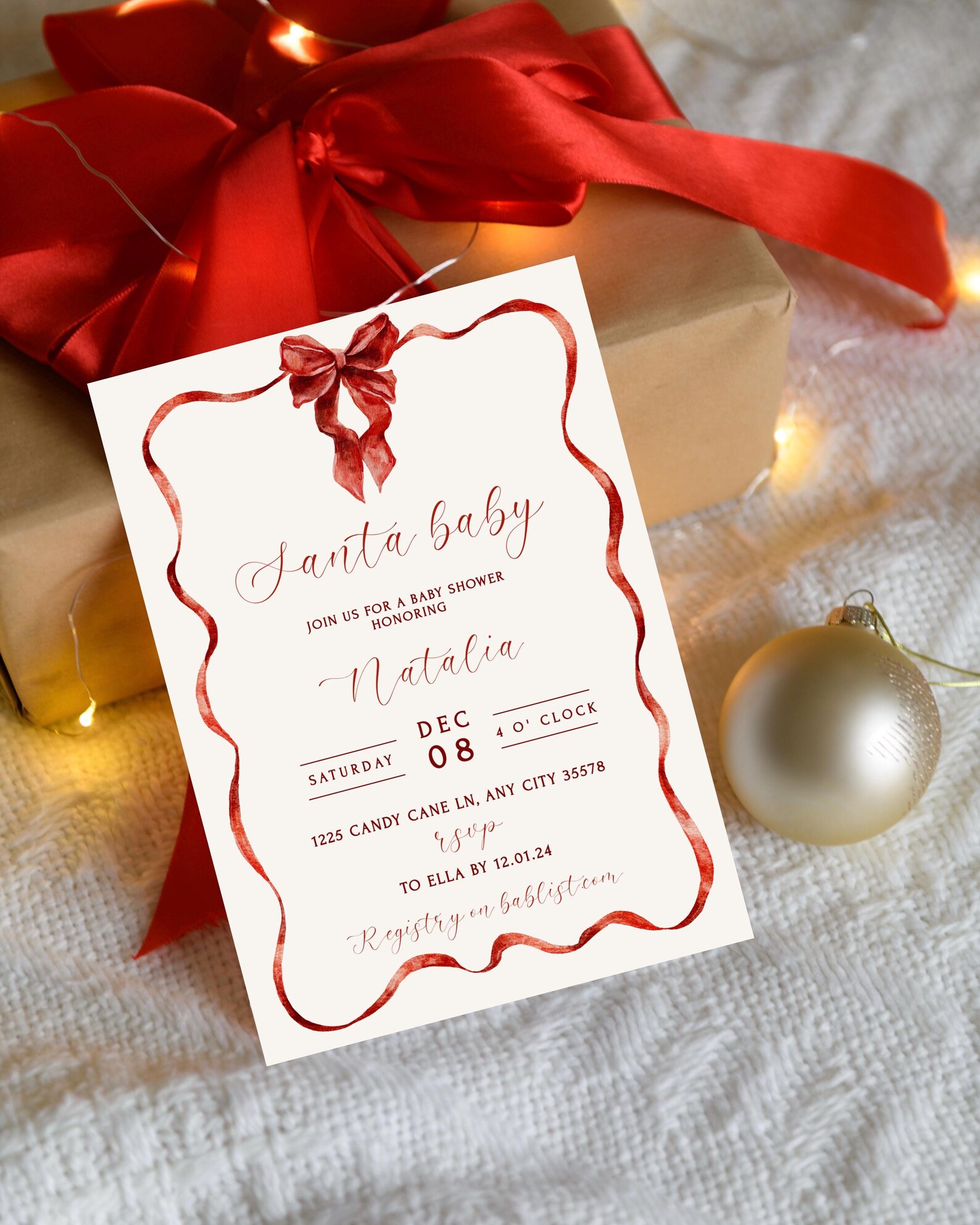 Santa Baby Baby Shower Invitation: Editable Santa Baby Red Ribbon Baby ...