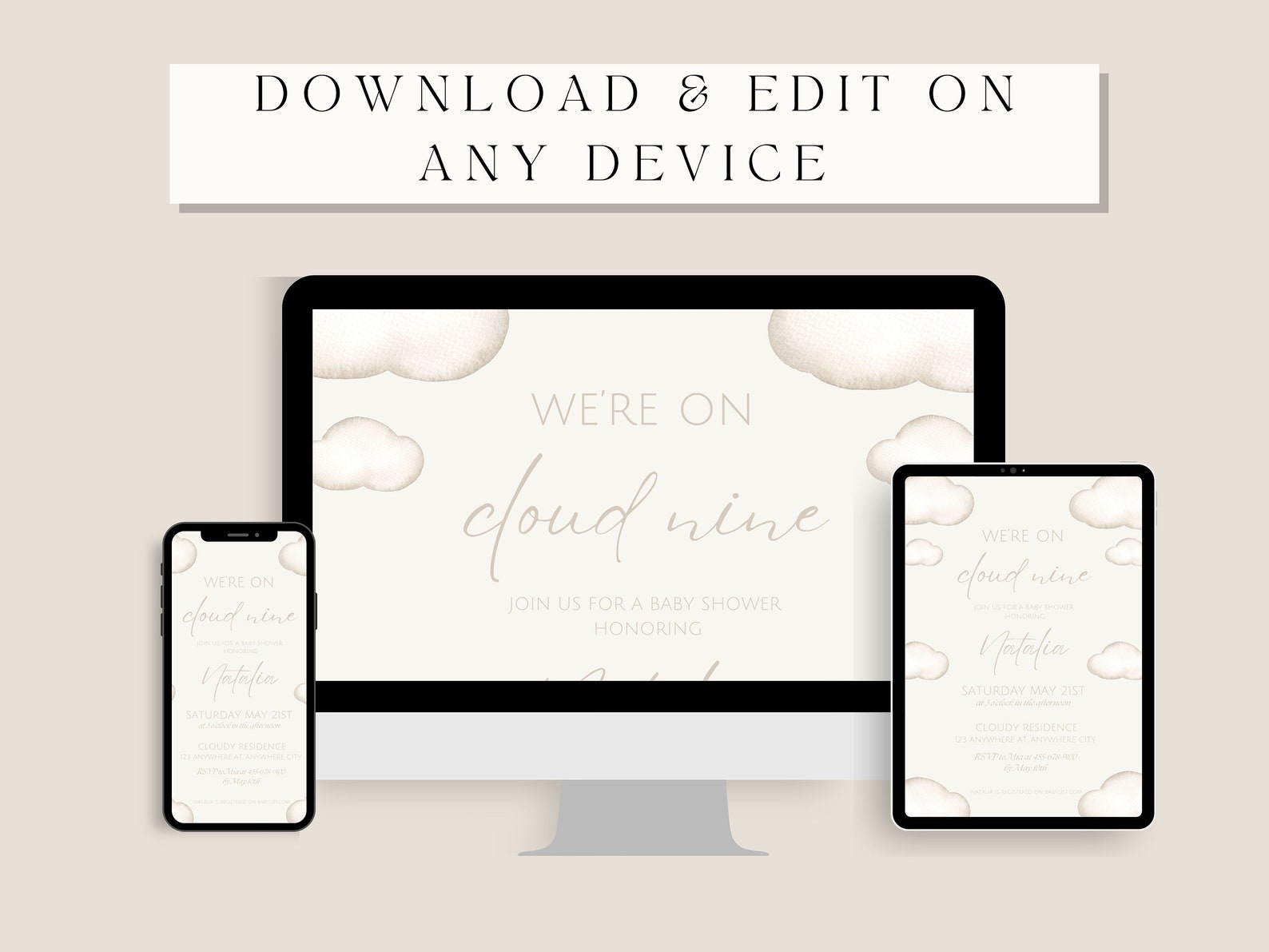 Editable Neutral Cloud Nine Baby Shower Cake Topper Printable & Digital ...