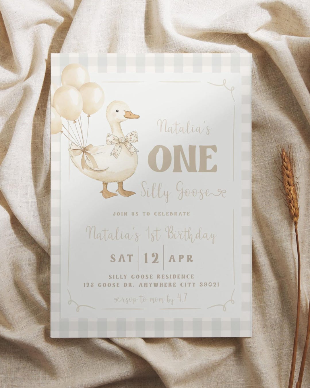 One Silly Goose First Birthday Invitation | Editable Neutral One Silly ...