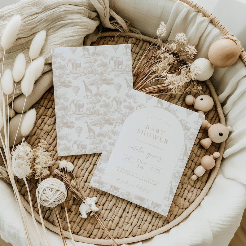 Safari Toile Baby Shower Bundle | Editable Beige Safari Toile Baby ...