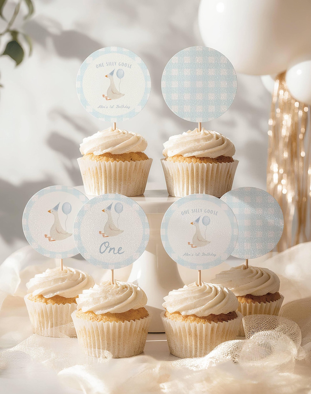 One Silly Goose First Birthday Cupcake Toppers: Editable Blue One Silly ...