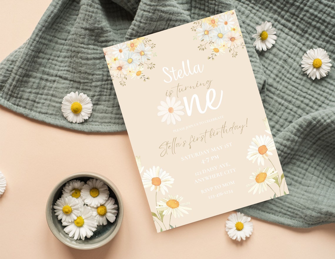 Editable Daisy First Birthday Invitation Daisy First Birthday Evite ...