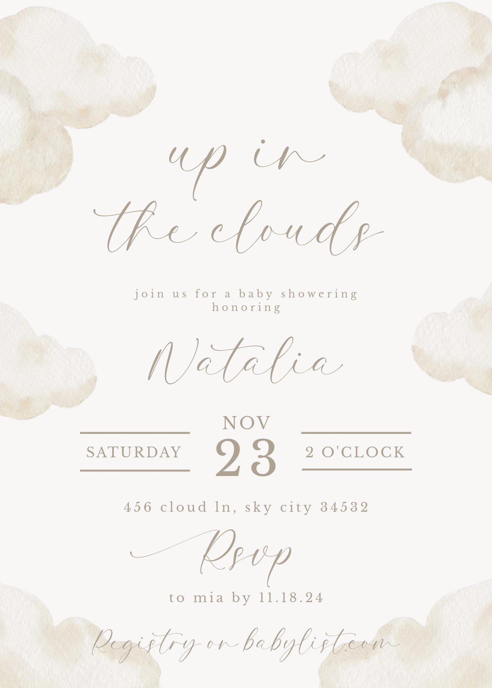 Up in the Clouds Baby Shower Invitation: Neutral Cloud Evite (digital ...