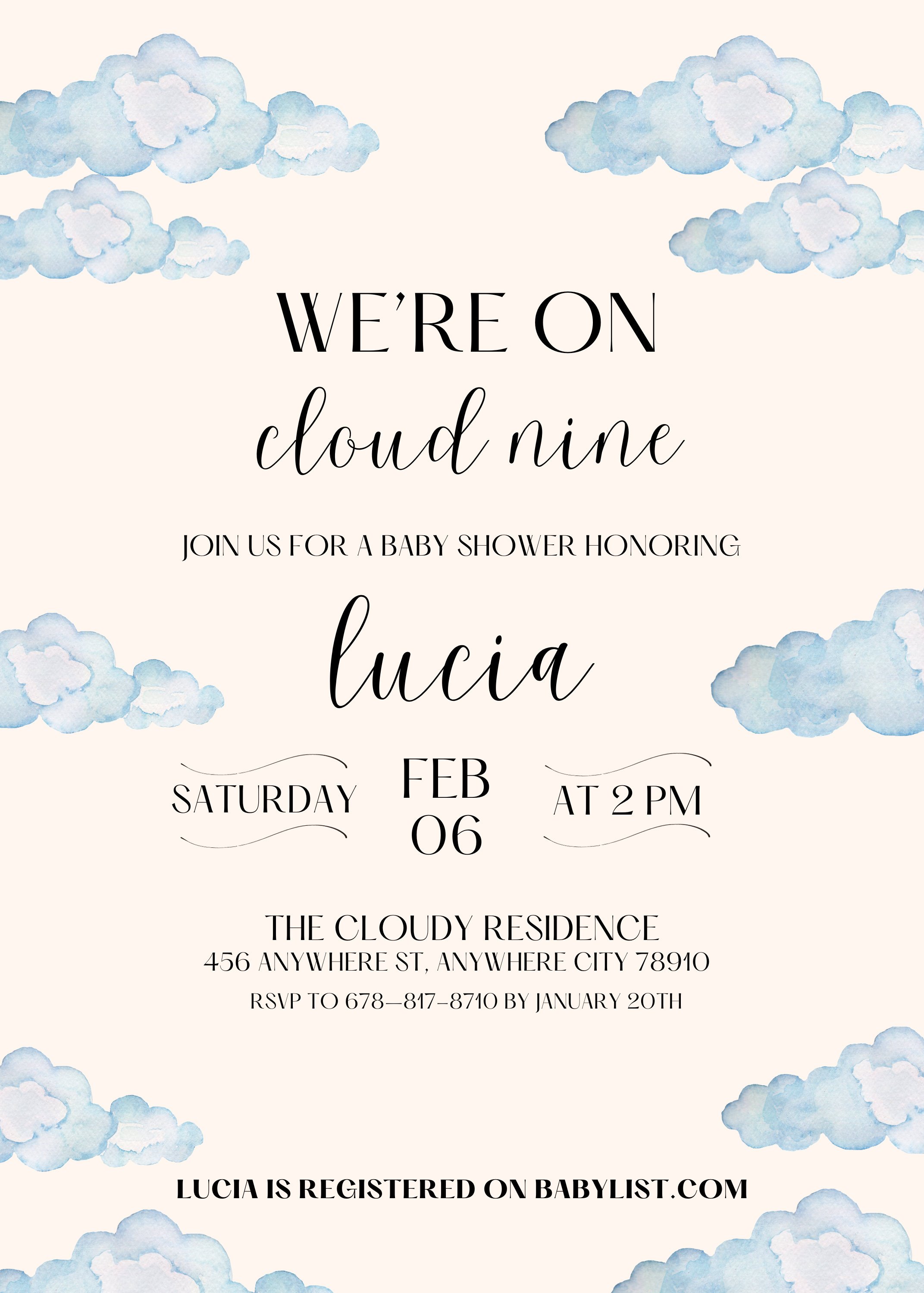 Editable on Cloud Nine Baby Shower Invitation Set 5x7 in Invite, 6x4 in ...