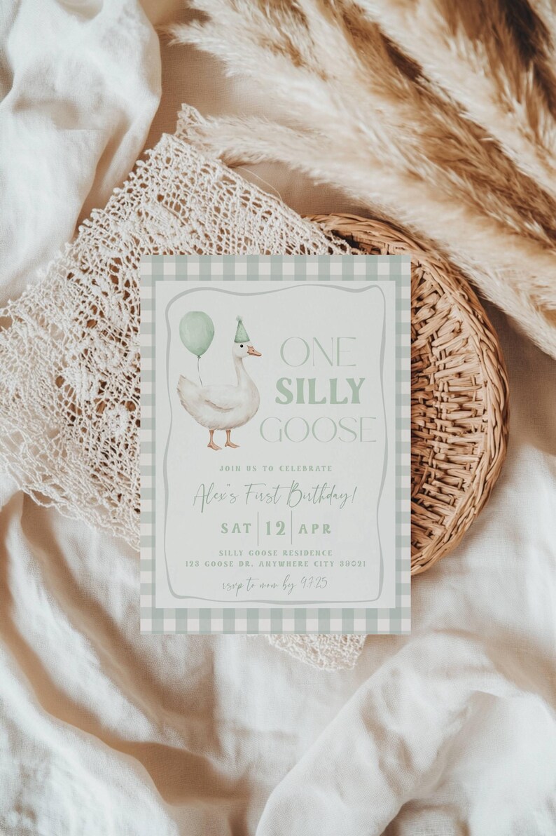 One Silly Goose First Birthday Invitation | Editable Green One Silly ...