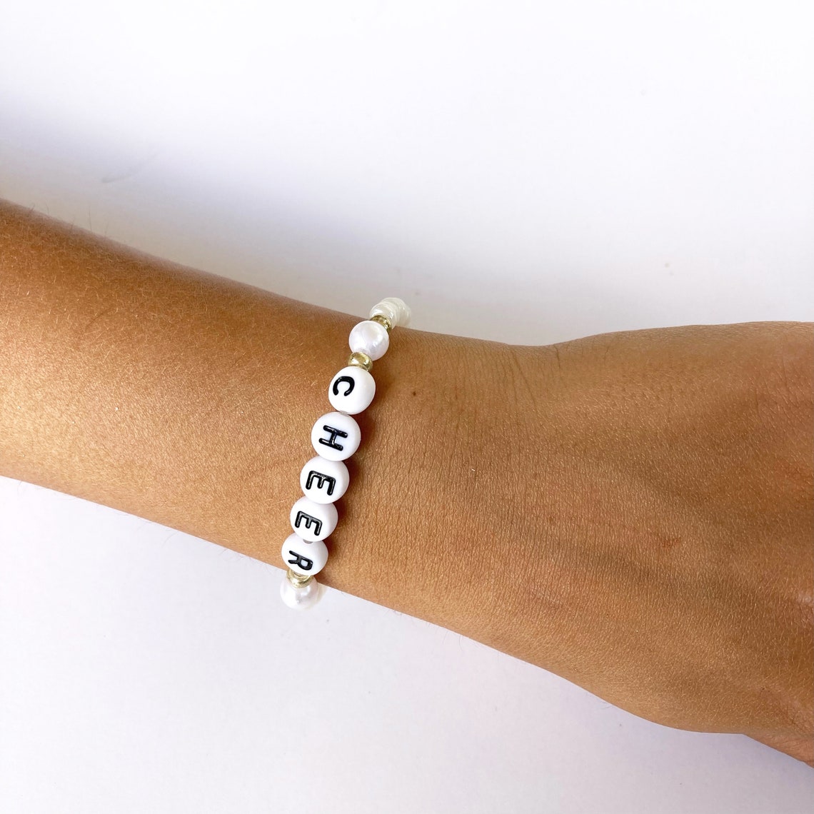 Cheer Beaded Bracelet, Cheerleader Gifts, Gifts for Girls, White Beaded ...