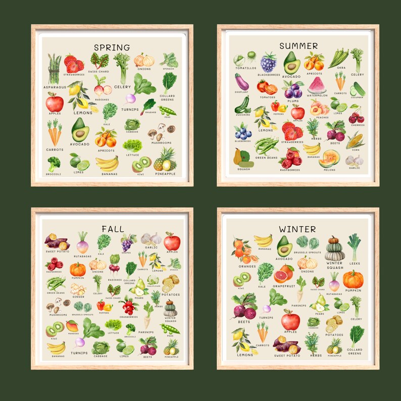 Seasonal Produce Guide Printable Set of 4, Kitchen Companion, Set of 4 ...