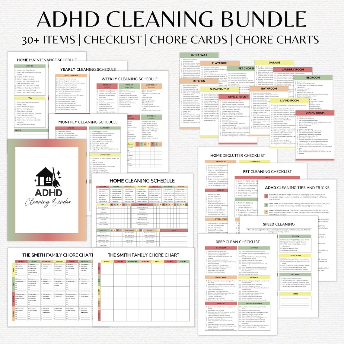 Editable ADHD Cleaning Checklist Bundle Printable ADHD Cleaning Planner ...