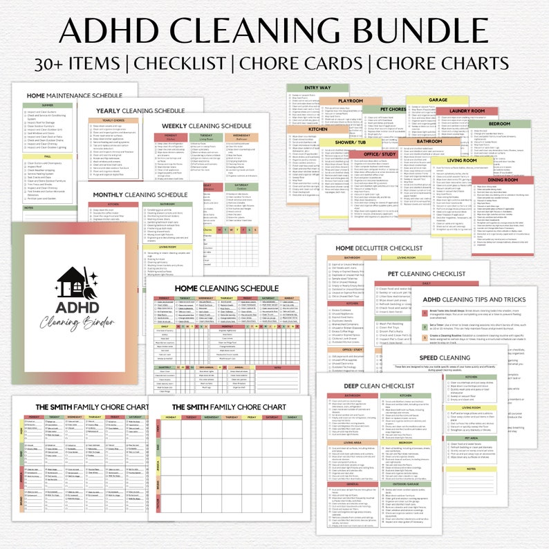 Editable ADHD Cleaning Checklist Bundle Printable ADHD Cleaning Planner ...