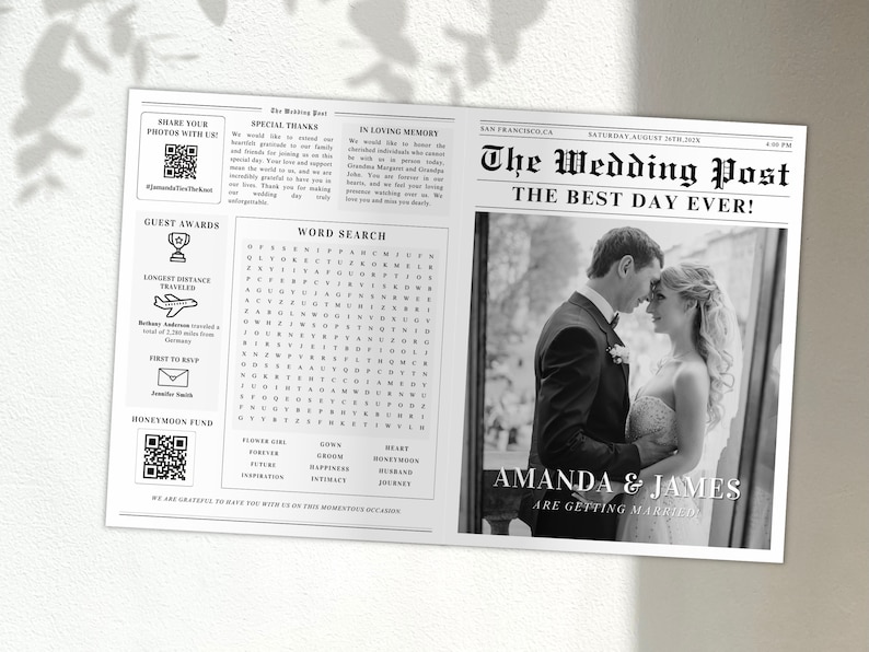 Newspaper Wedding Program Template Editable Wedding Newspaper Program ...