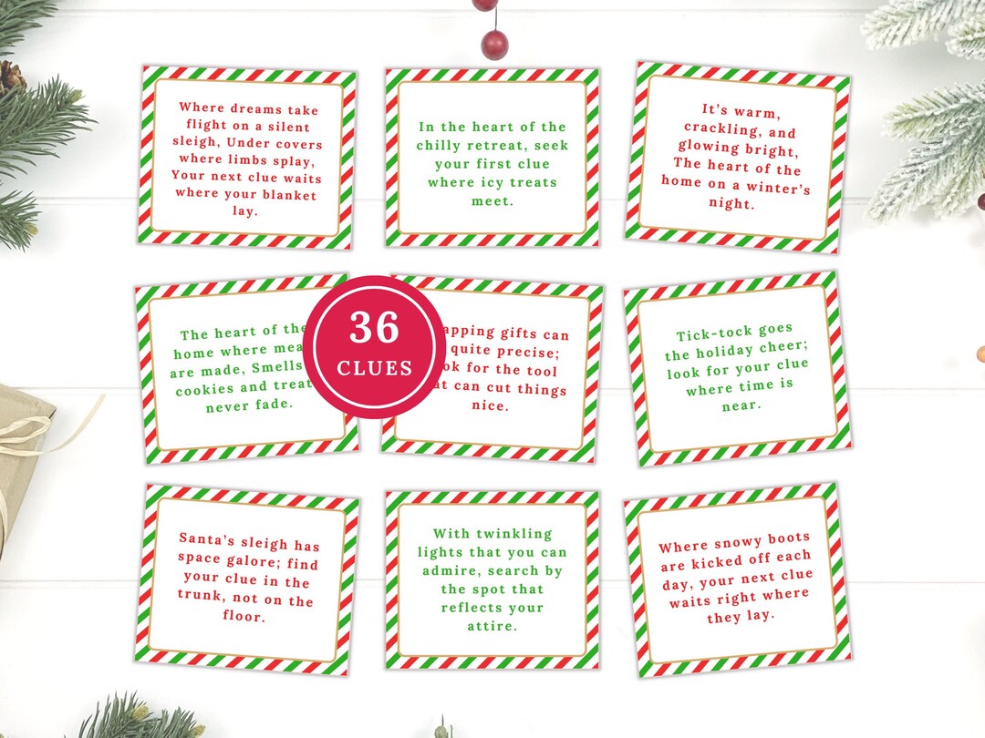 Christmas Scavenger Hunt Cards, Indoor Christmas Scavenger Hunt Clues ...