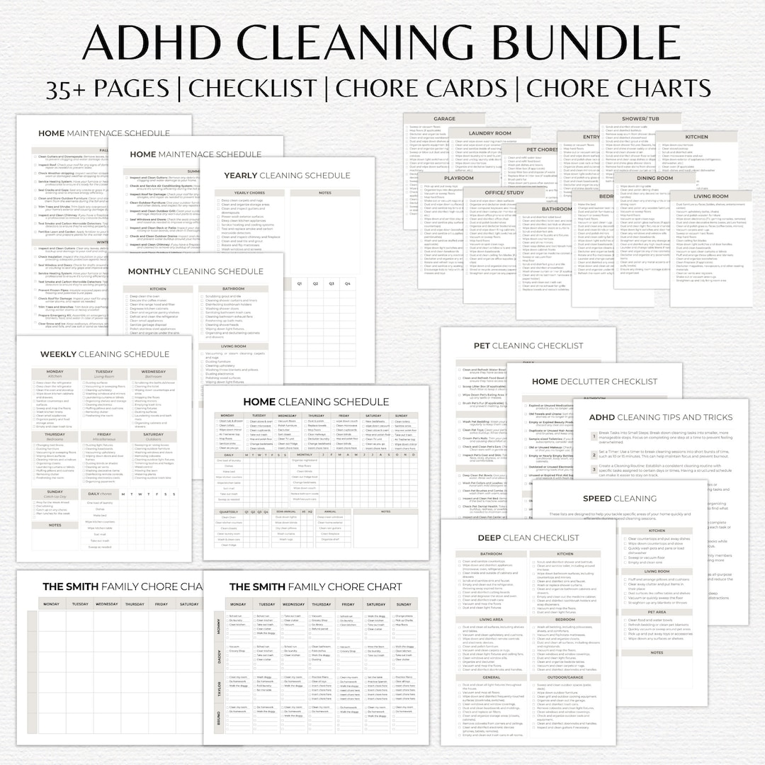 Editable ADHD Cleaning Checklist Bundle | Printable ADHD Cleaning ...