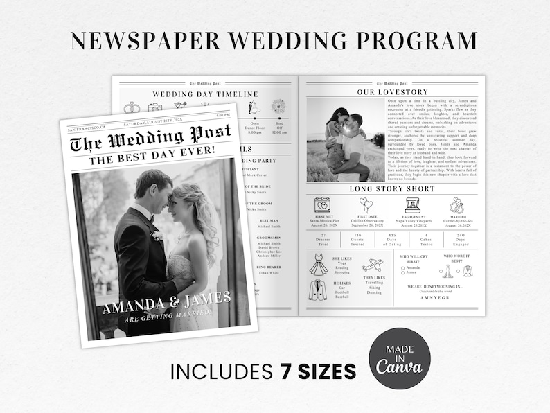 Newspaper Wedding Program Template Editable Wedding Newspaper Program ...