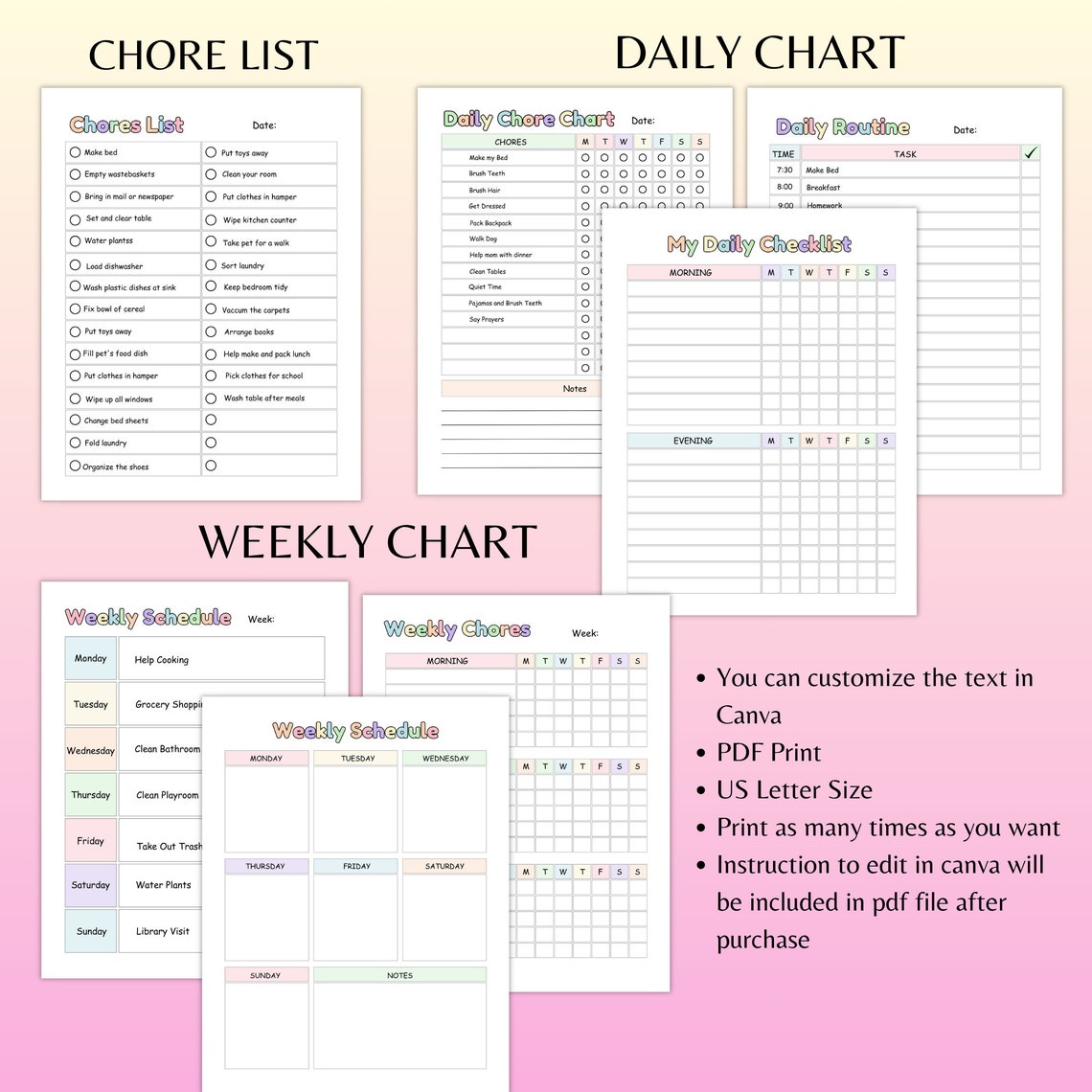 Editable Kids Chore Charts Chore Chart Kids Routine Chart Kid's Chore ...