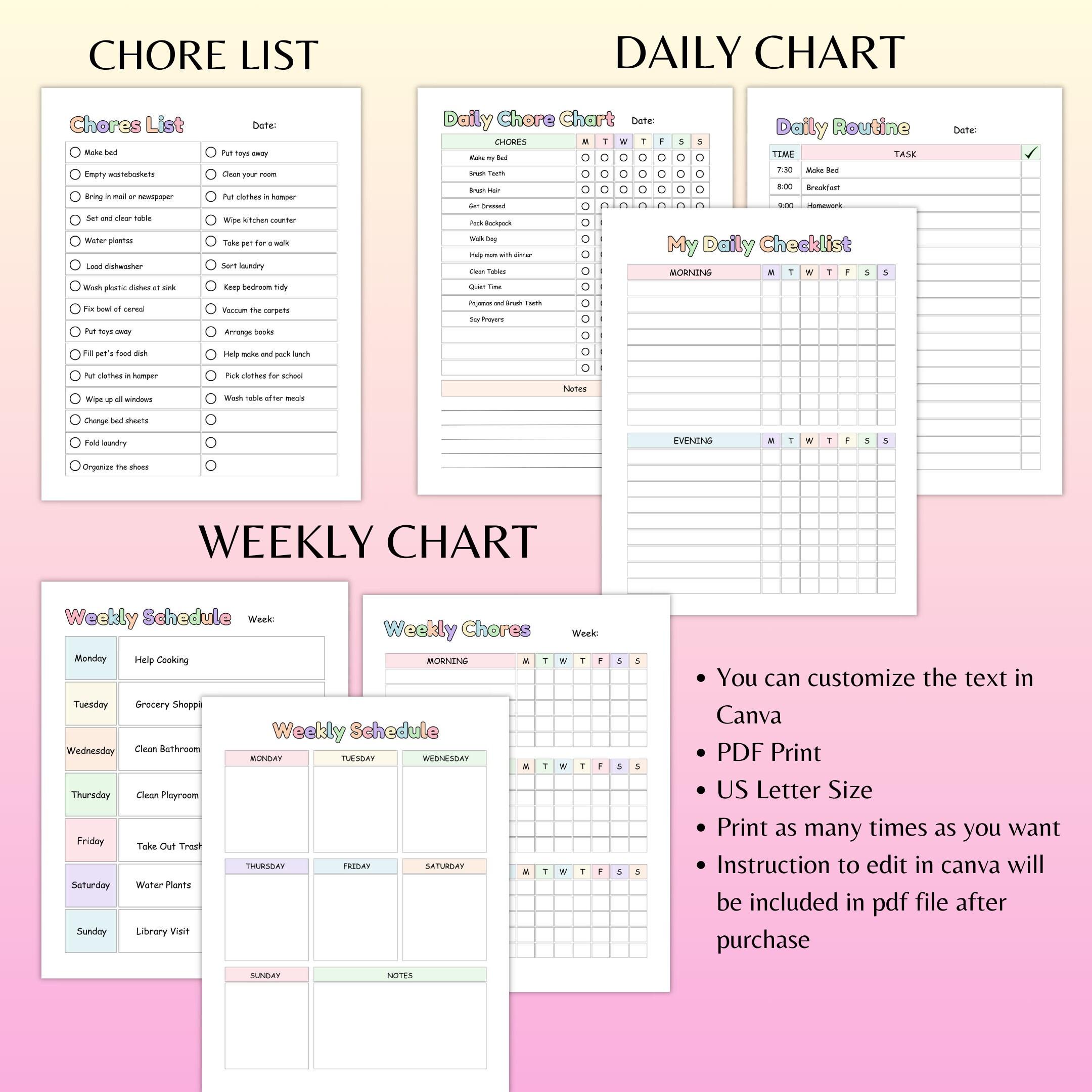 Editable Kids Chore Charts Chore Chart Kids Routine Chart Kid's Chore ...