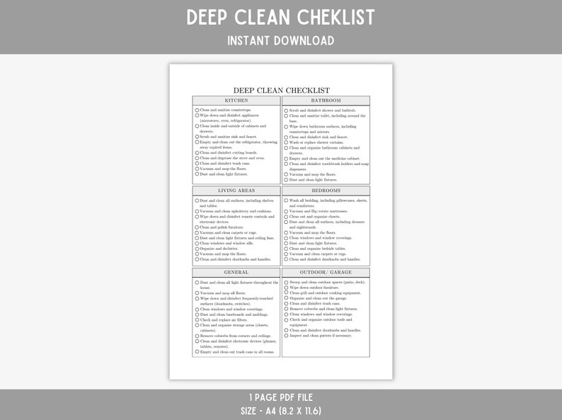Deep Clean Checklist Printable | Minimalist Deep Clean Checklist ...