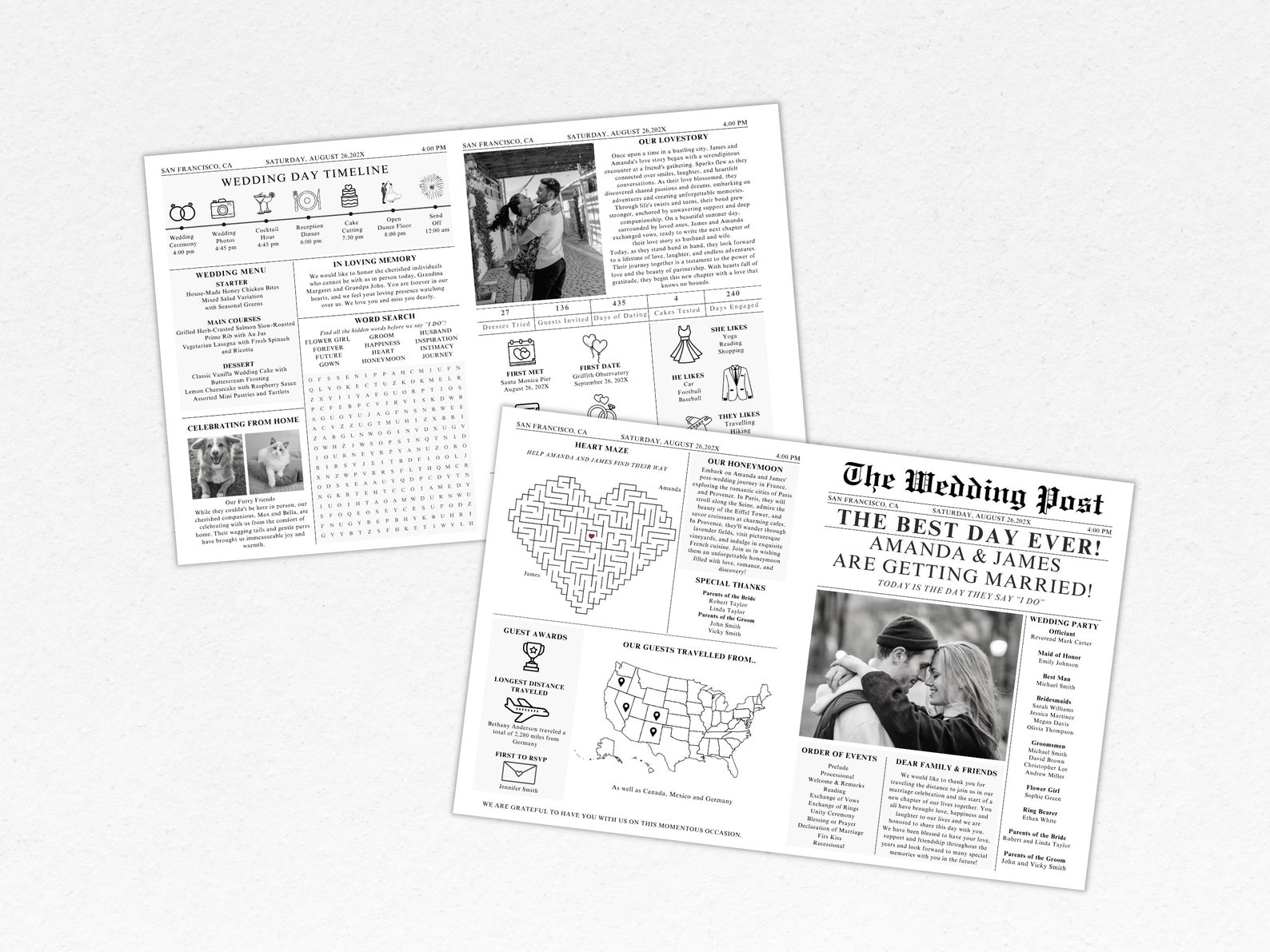 Newspaper Wedding Program Template Editable Wedding Newspaper Program ...