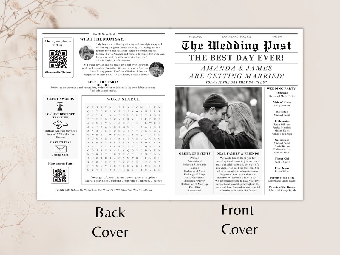 Newspaper Wedding Program Template Editable Wedding Newspaper Program ...