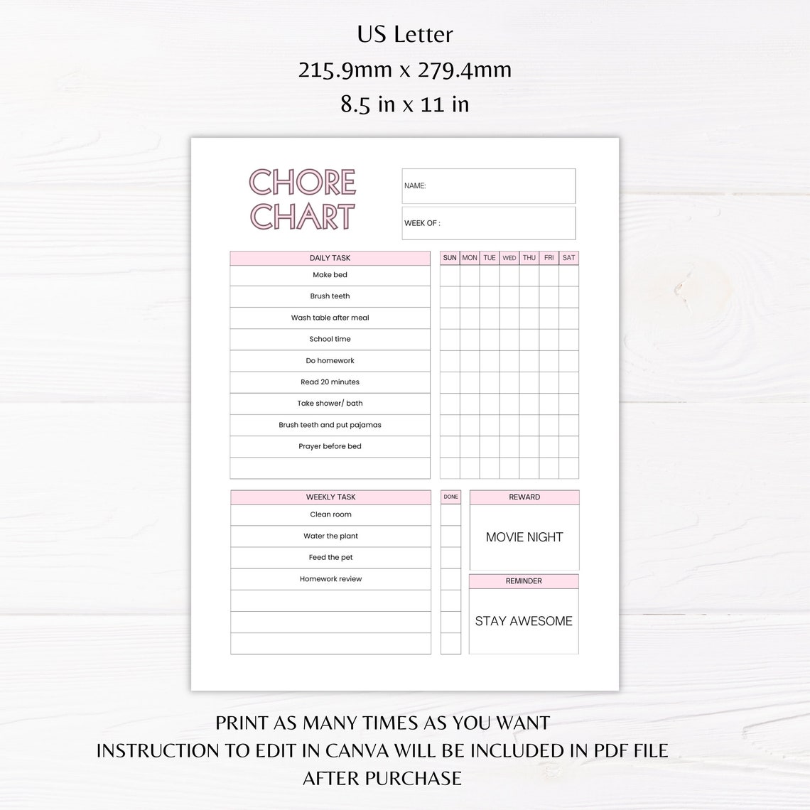 Editable Kids Chore Charts Chore Chart Kids Routine Chart Kid's Chore ...