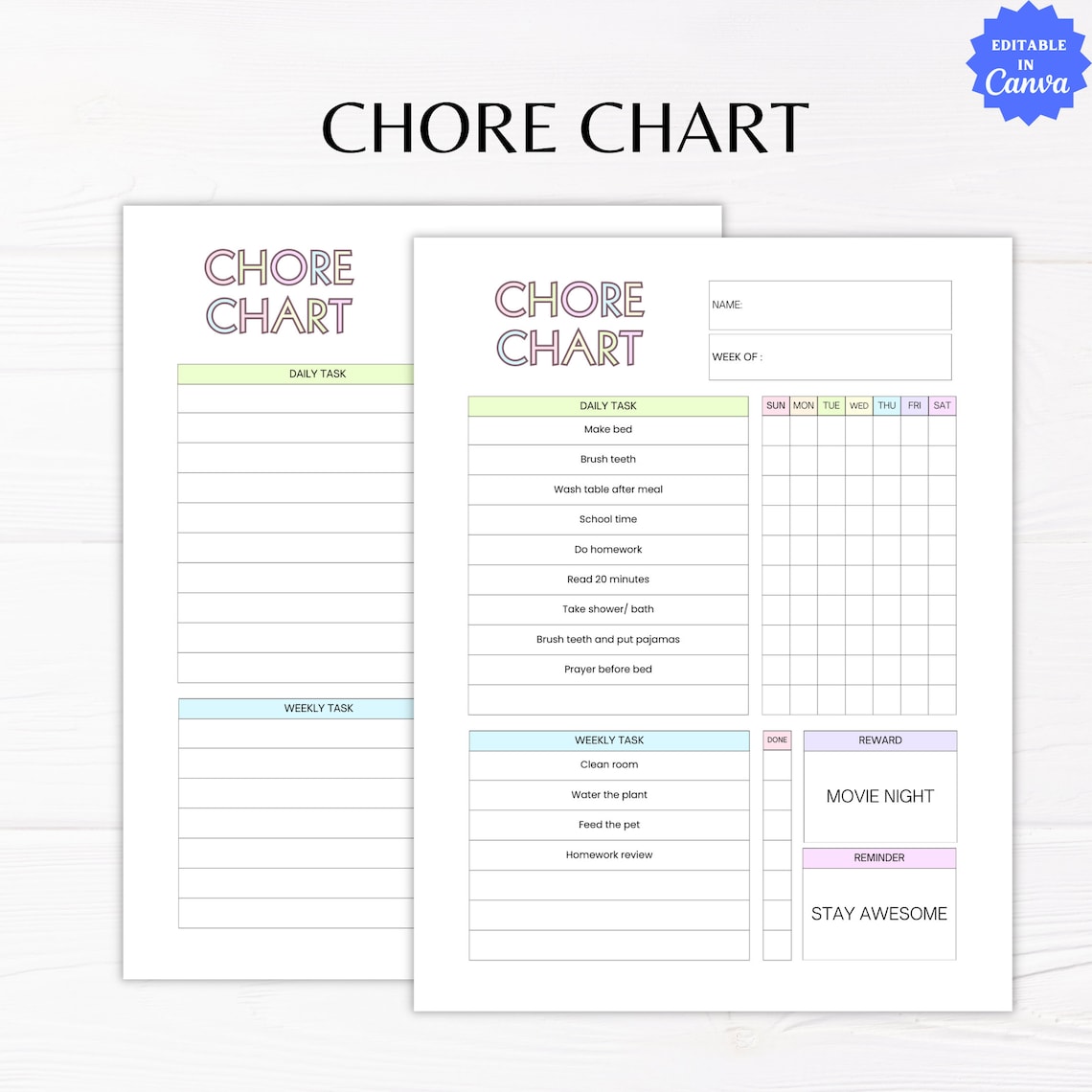 Editable Kids Chore Charts Chore Chart Kids Routine Chart Kid's Chore ...