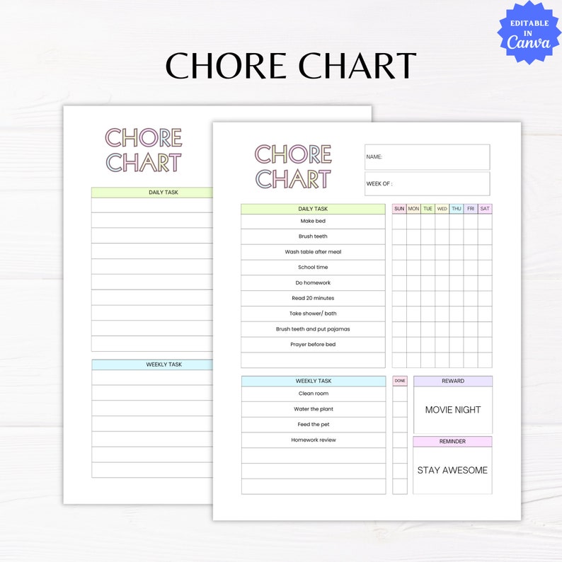 Editable Kids Chore Charts Chore Chart Kids Routine Chart Kid's Chore ...