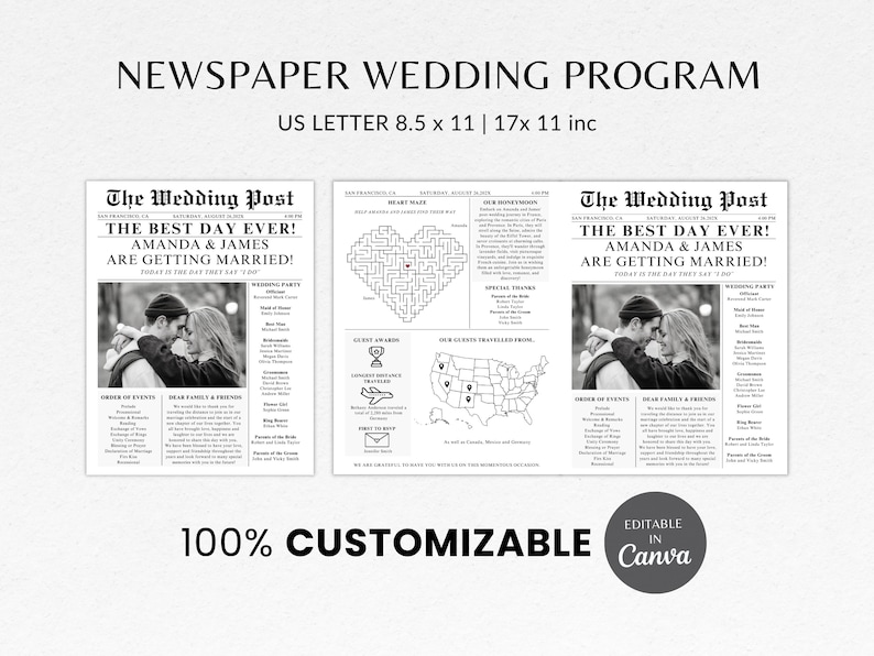 Newspaper Wedding Program Template Editable Wedding Newspaper Program ...