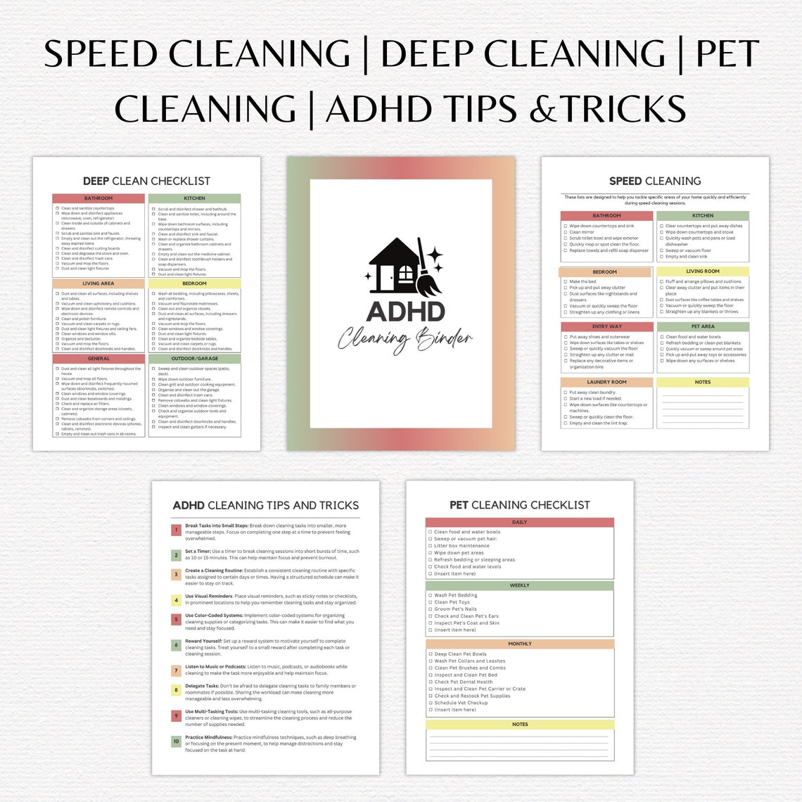 Editable ADHD Cleaning Checklist Bundle Printable ADHD Cleaning Planner ...