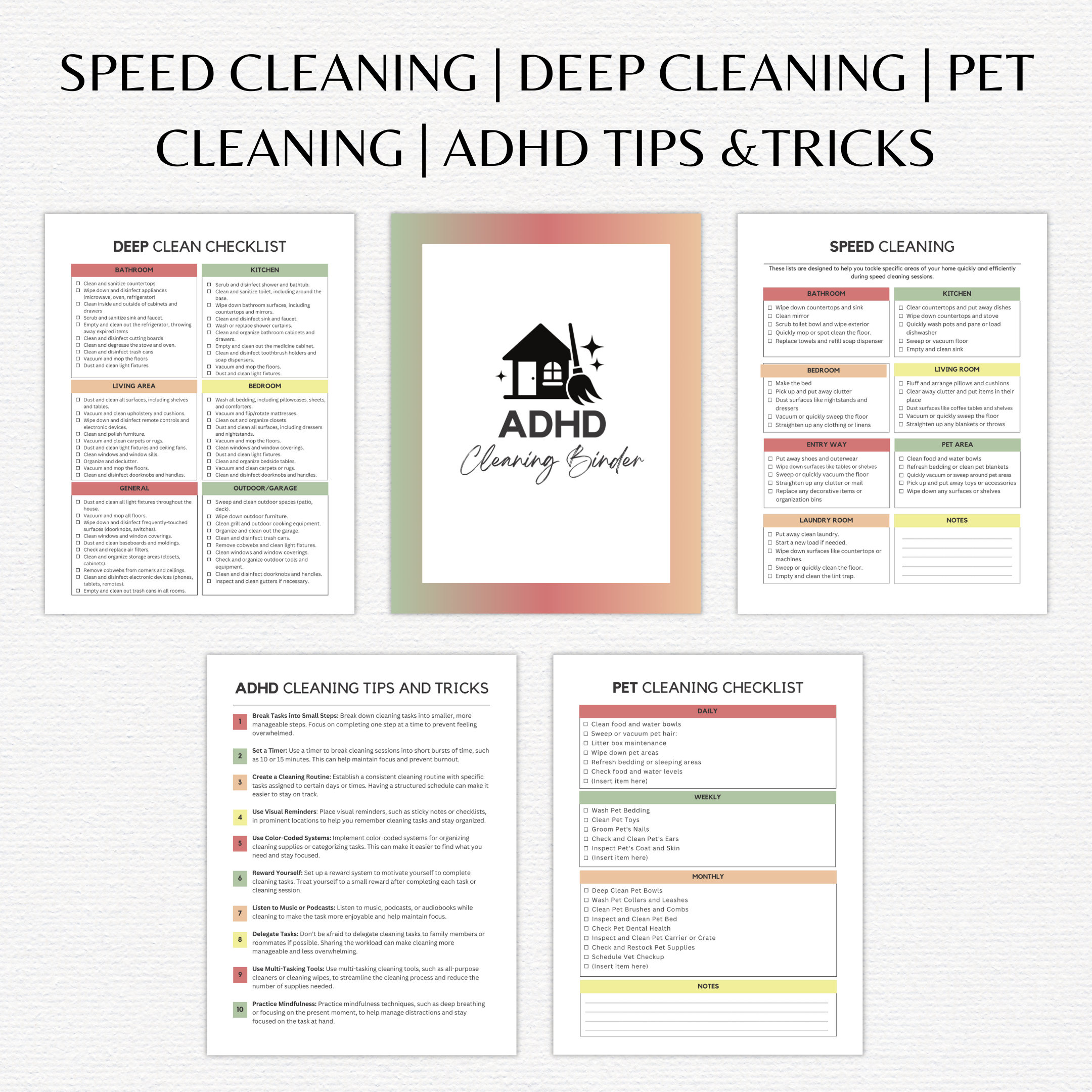 Editable ADHD Cleaning Checklist Bundle Printable ADHD Cleaning Planner ...