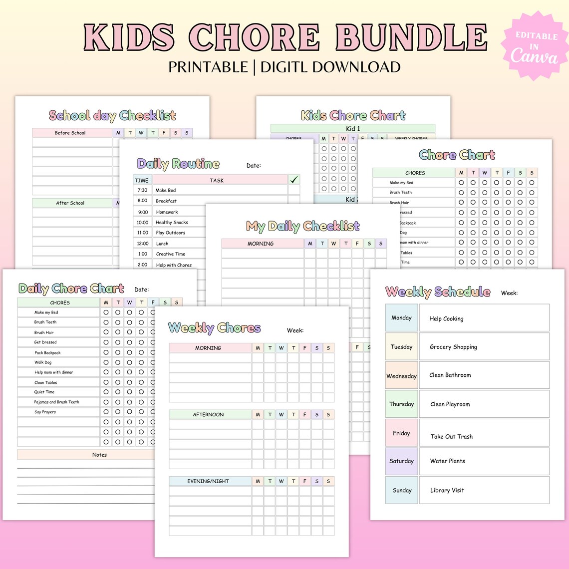 Editable Kids Chore Charts Chore Chart Kids Routine Chart Kid's Chore ...