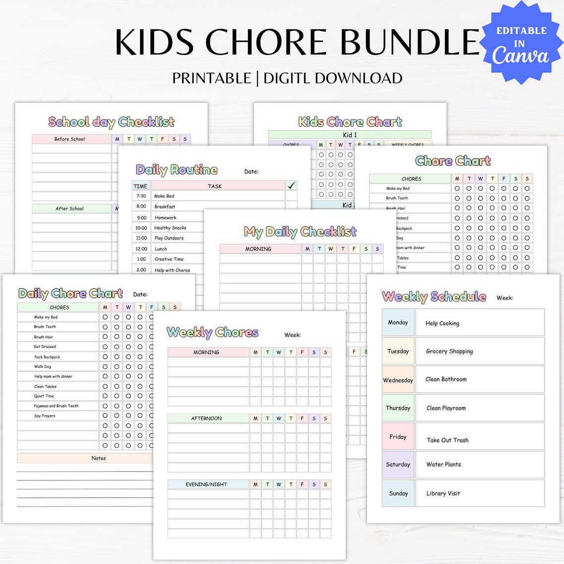 Editable Kids Chore Chart Daily and Weekly Checklist School Routine ...