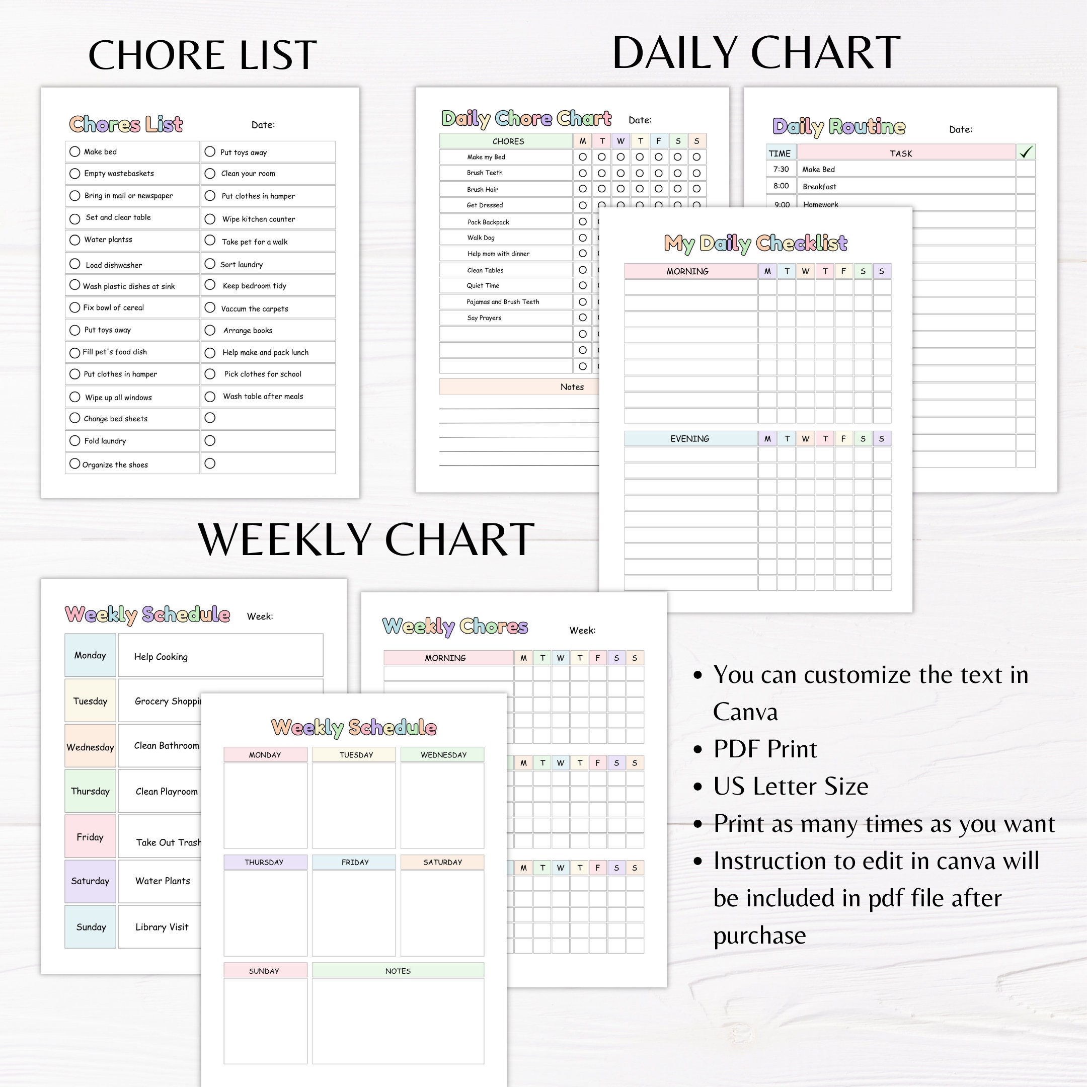 Editable Kids Chore Chart Daily and Weekly Checklist School Routine ...