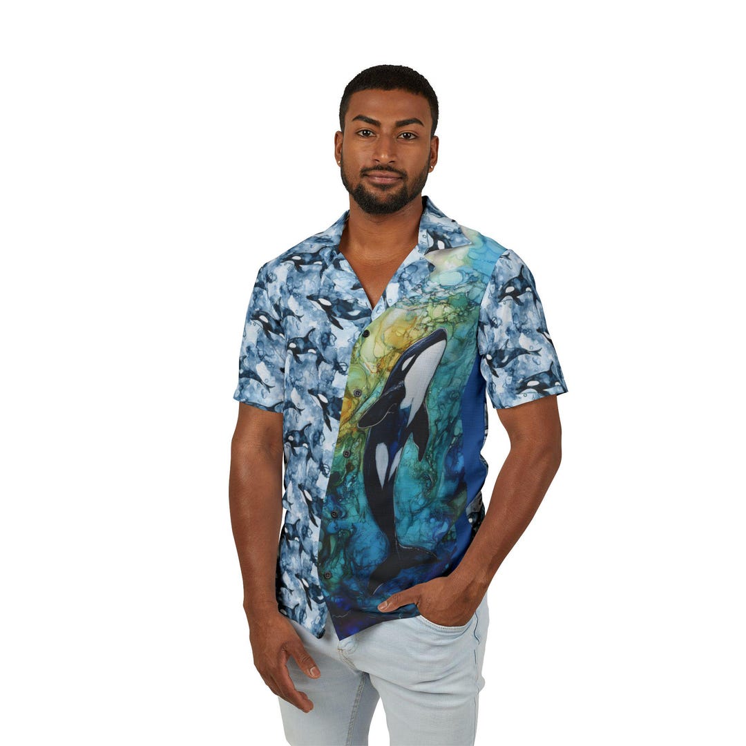 Men's Hawaiian Orca Shirt, Killer Whale Print Shirt for Nature Lovers ...