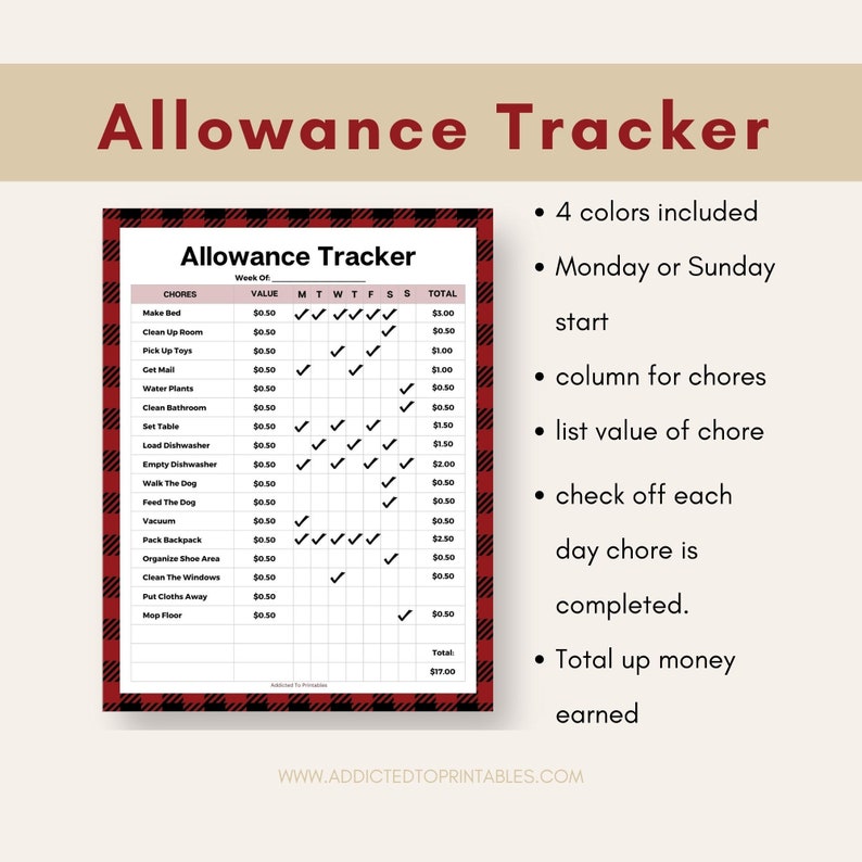Printable Weekly Allowance Tracker for Kids Instant Download 8.5x11 PDF ...