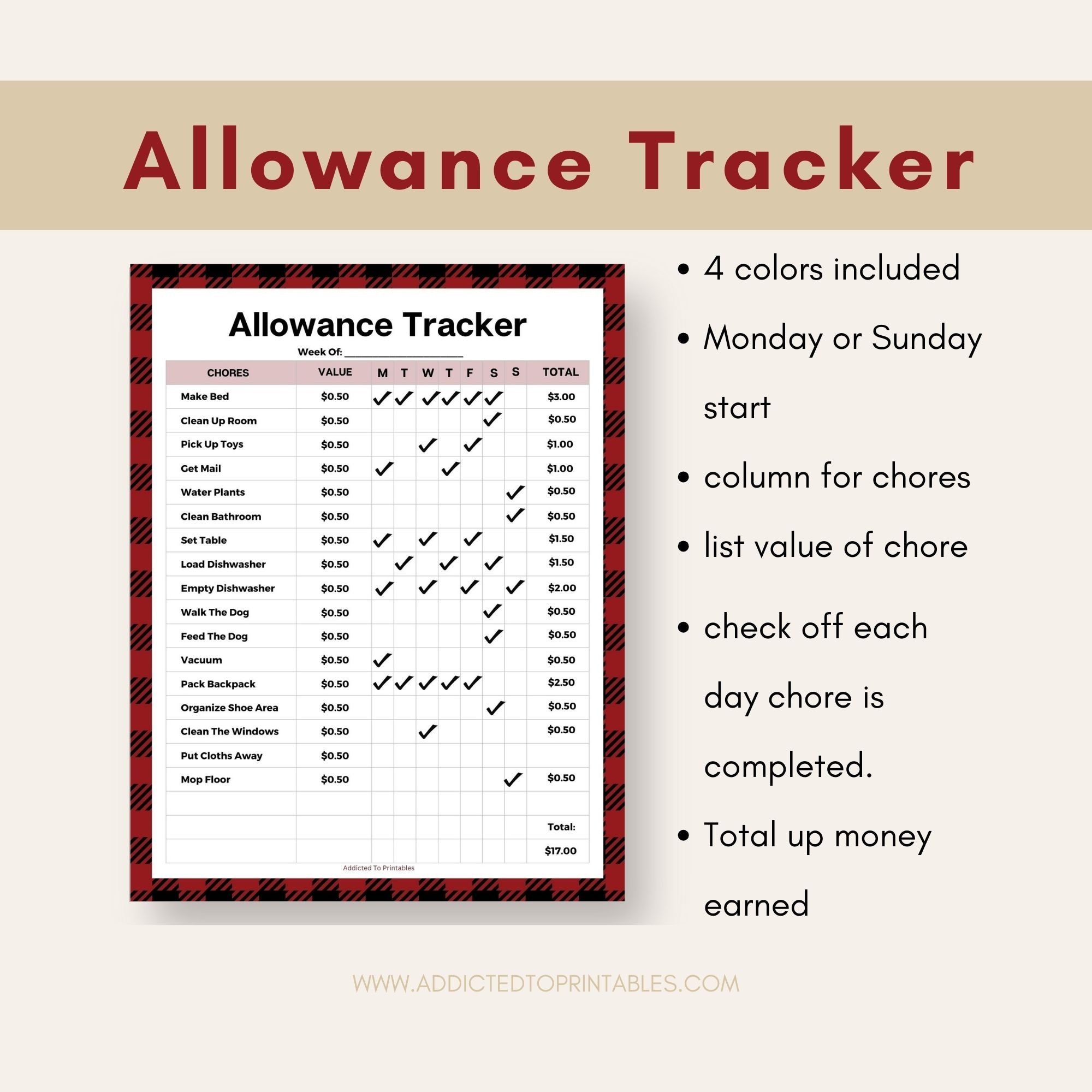 Printable Weekly Allowance Tracker for Kids Instant Download 8.5x11 PDF ...