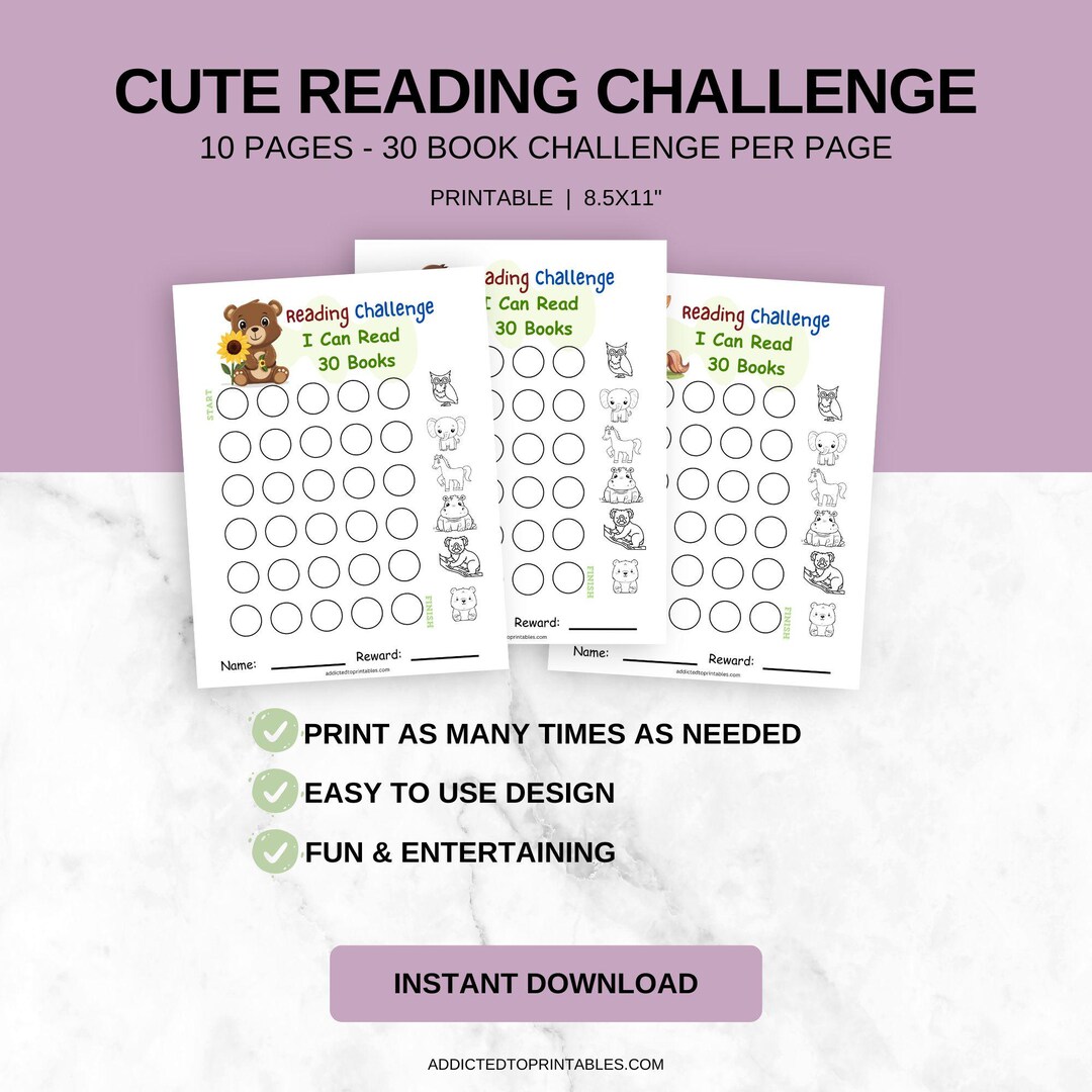 Printable Kid's Cute Animal 30 Book Reading Challenge | Cute Reading ...