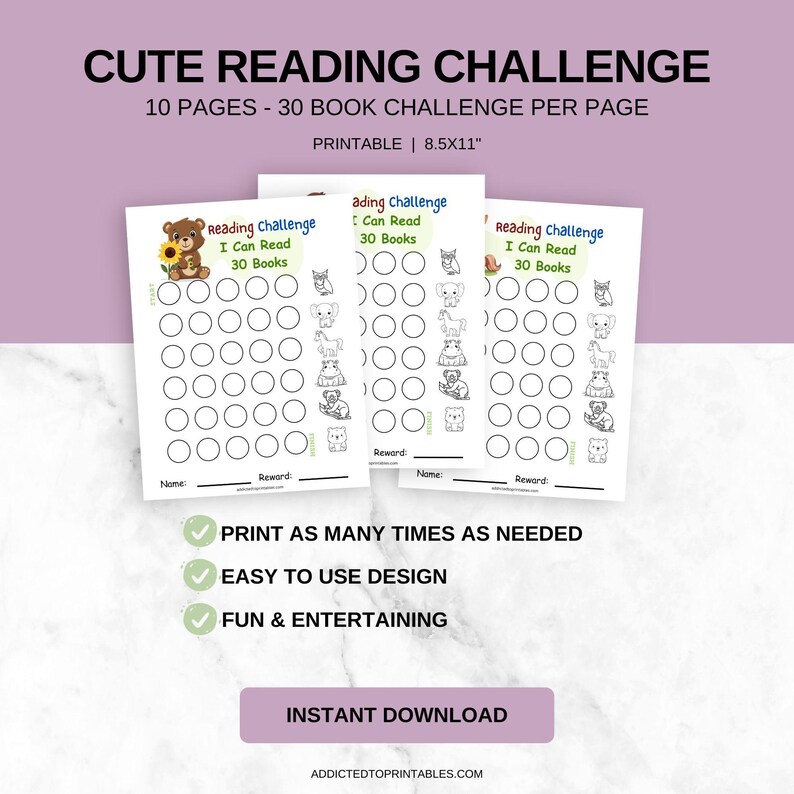 Printable Kid's Cute Animal 30 Book Reading Challenge | Cute Reading ...