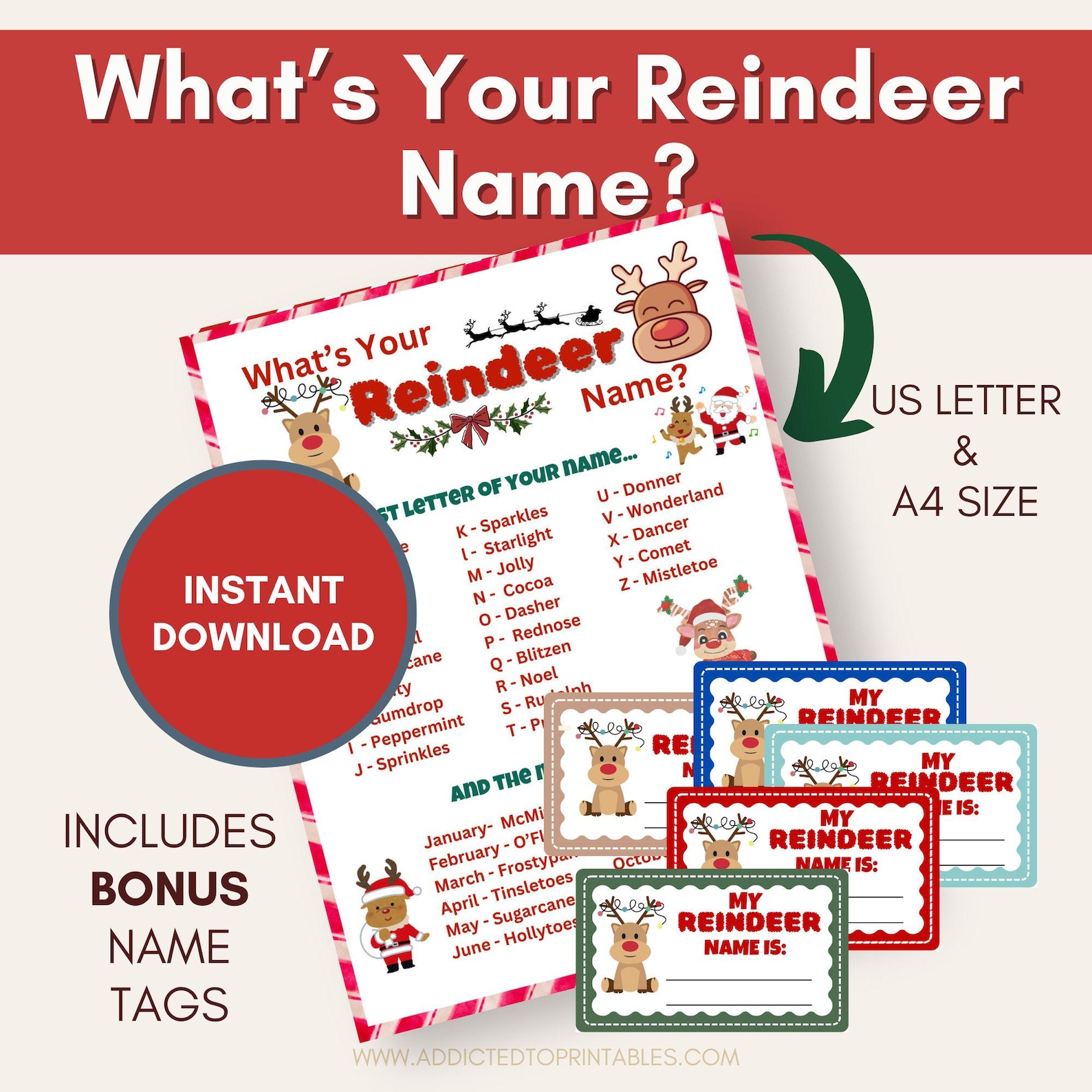 What's Your Reindeer Name Game | Printable Reindeer Name Generator Game ...