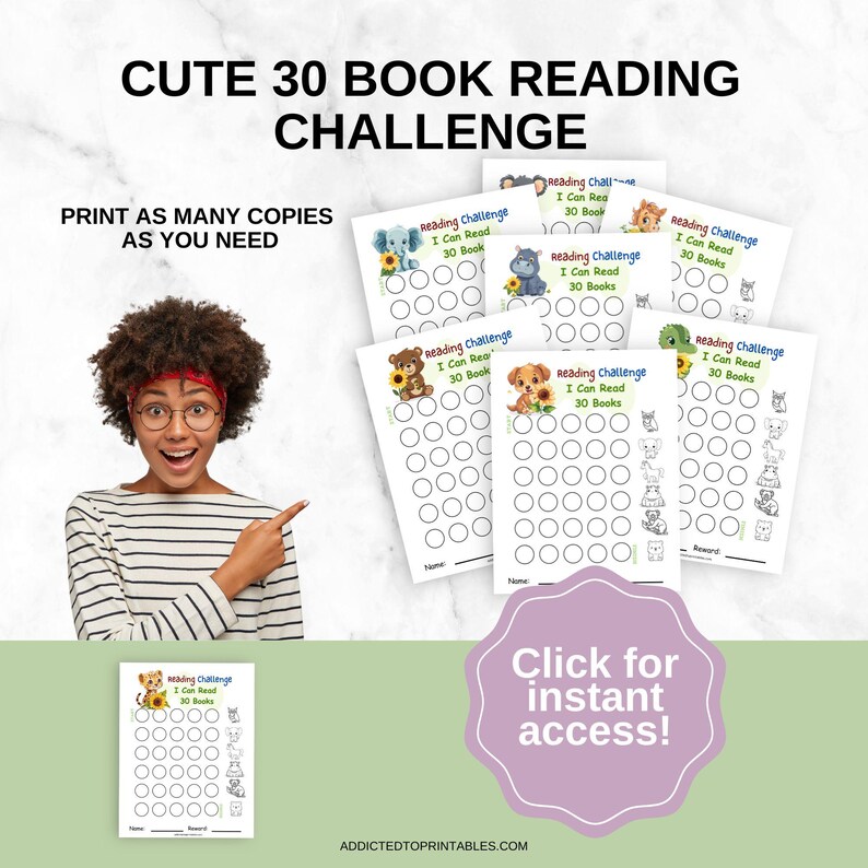 Printable Kid's Cute Animal 30 Book Reading Challenge | Cute Reading ...