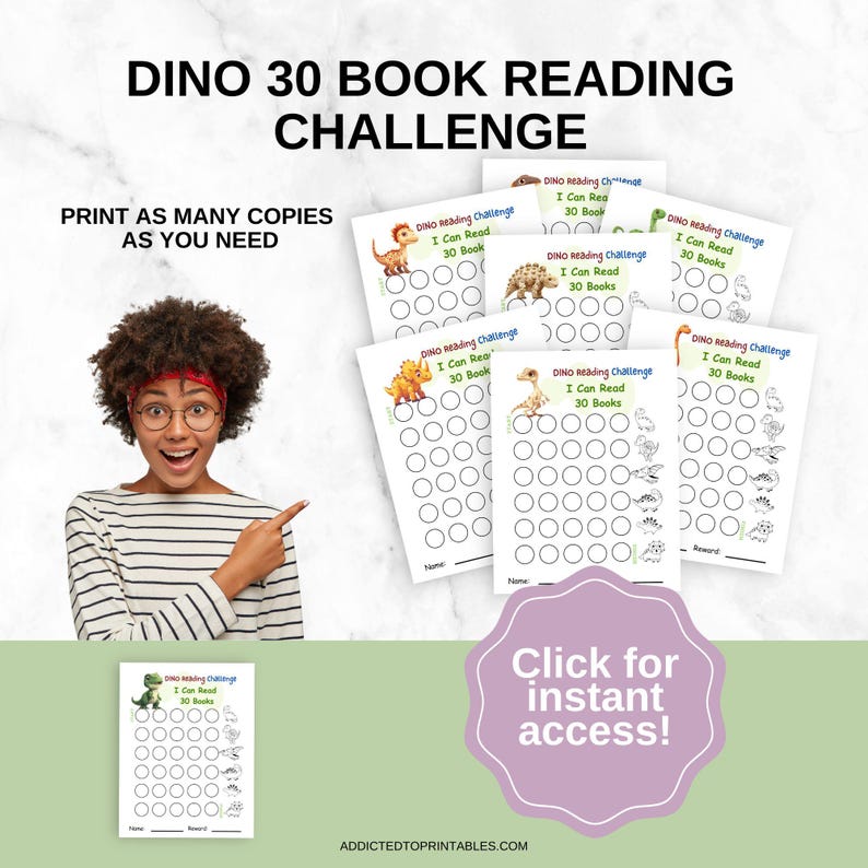 Printable Kid's Dinosaur 30 Book Reading Challenge | Dinosaur Reading ...
