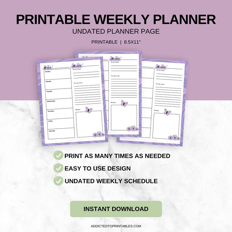 Printable Weekly Planner | Instant Download | 8.5x11 PDF| Weekly ...