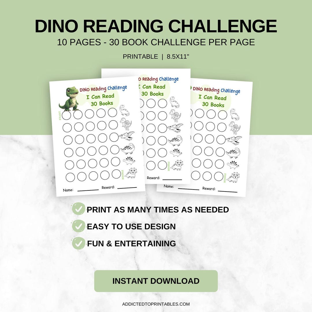 Printable Kid's Dinosaur 30 Book Reading Challenge | Dinosaur Reading ...