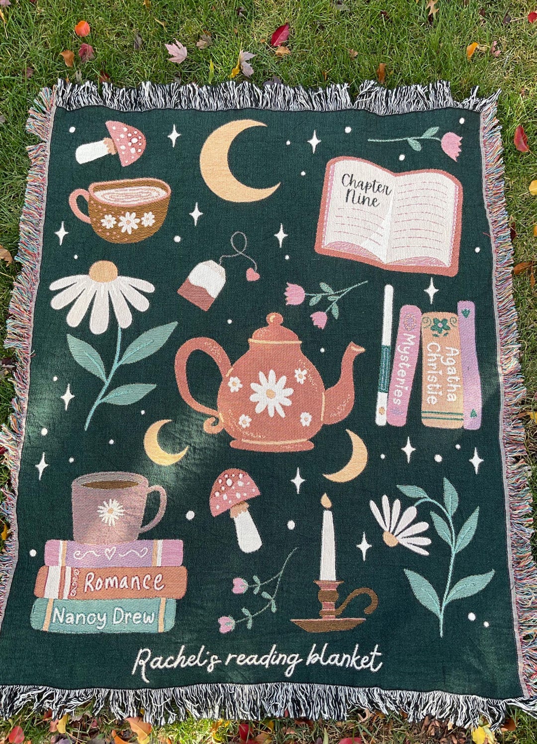 Personalized Woven Reading Blanket, Cottagecore Mushrooms Florals, Dark ...
